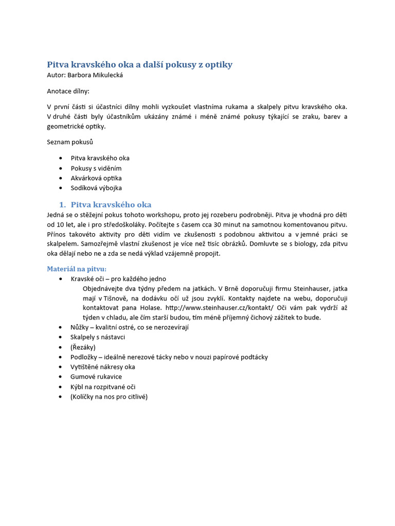 Pitva Kravského Oka A Další Pokusy Z Optiky | PDF