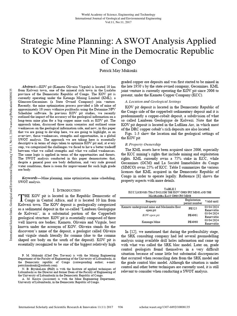 Strategic Mine Planning: A SWOT Analysis Applied To KOV Open Pit Mine ...