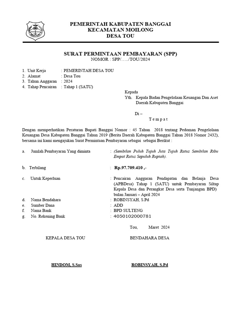 SPP PENGAJUAN Siltap Dan Tunjangan 4 Bulan APBDESA 2024 | PDF