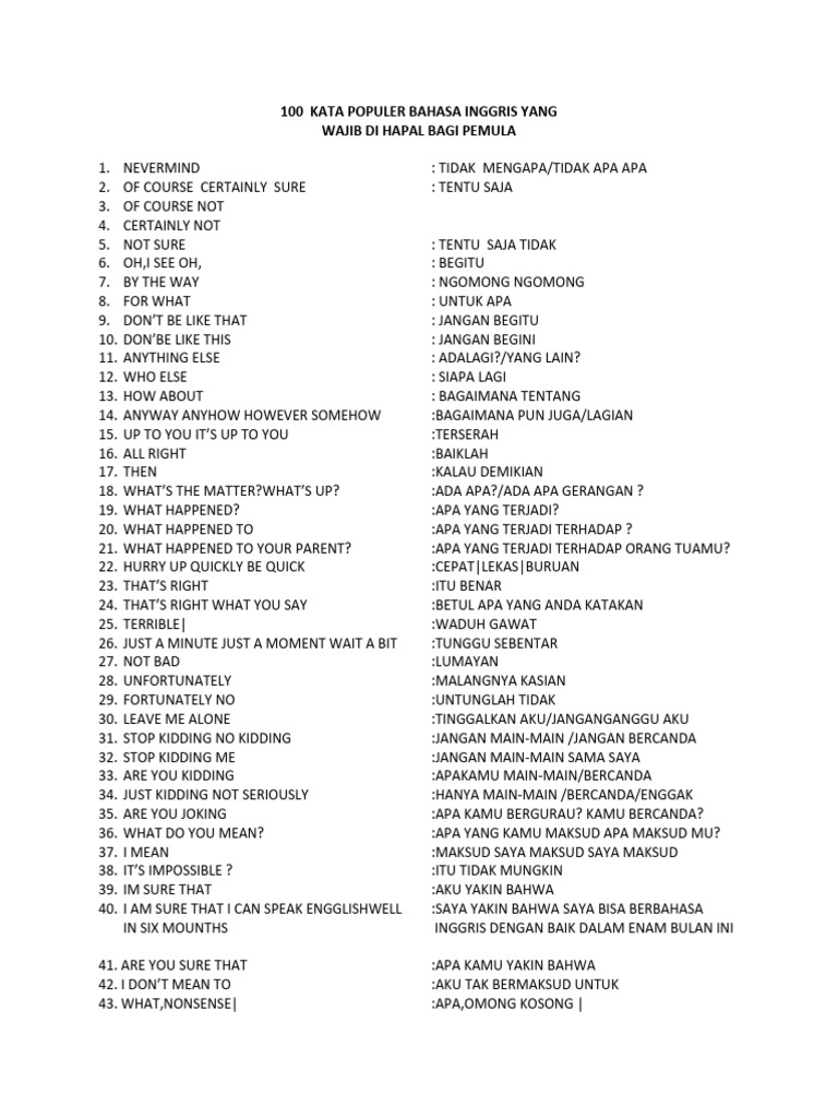 100 Kata Populer Bahasa Inggris 1 | PDF