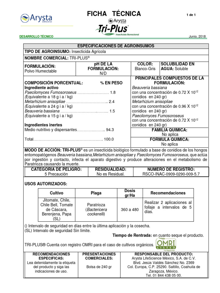 Ficha Técnica Tri Plus Arysta (México) | PDF