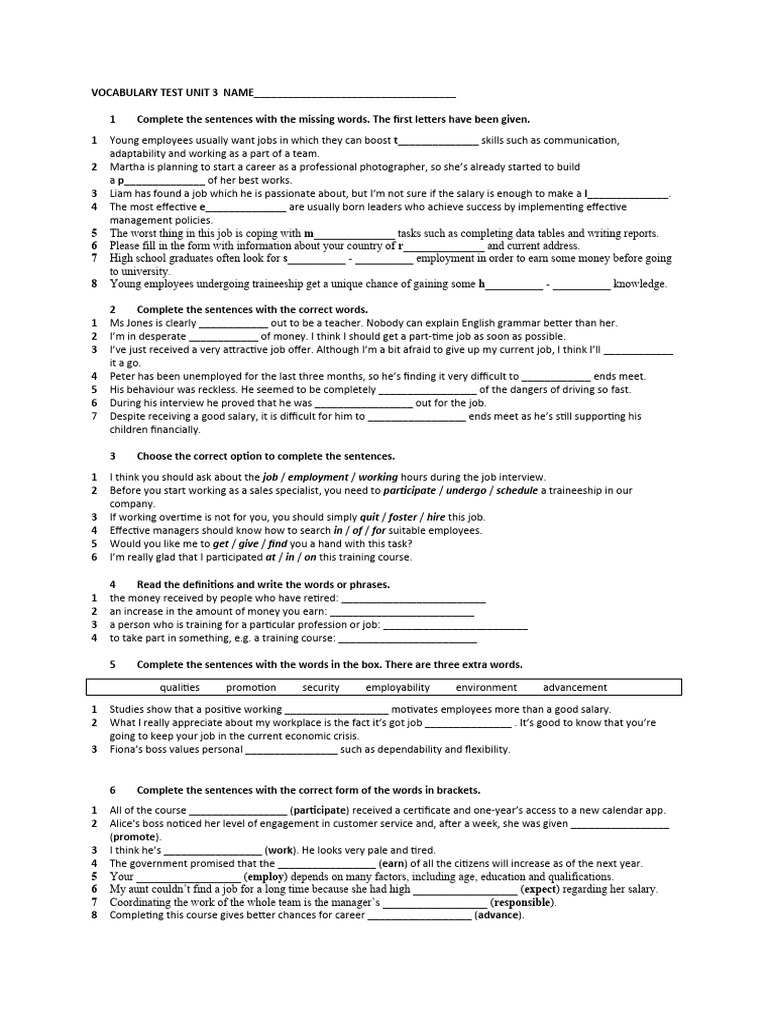 Vocabulary Test Unit 3 Name | PDF | Employment | Salary
