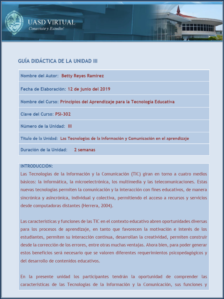 Guia Didactica de La Unidad 3 PSI-302 | PDF | Aprendizaje | Tecnología de información y ...