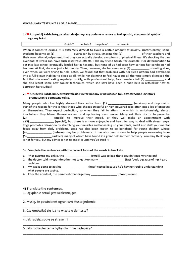 VOCABULARY TEST UNIT 11 GR A I B | PDF | Anxiety | Stress (Biology)