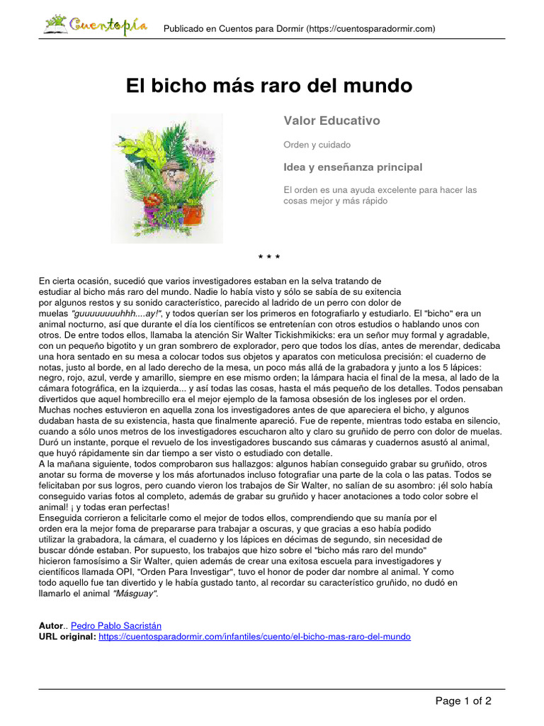 Cuentos para Dormir - El Bicho Ms Raro Del Mundo | PDF