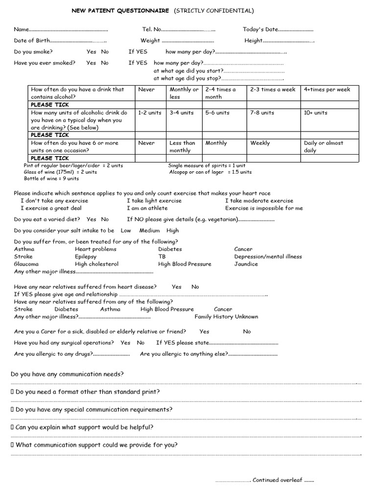 New Patient Health Questionnaire | PDF | Clinical Medicine | Medical ...