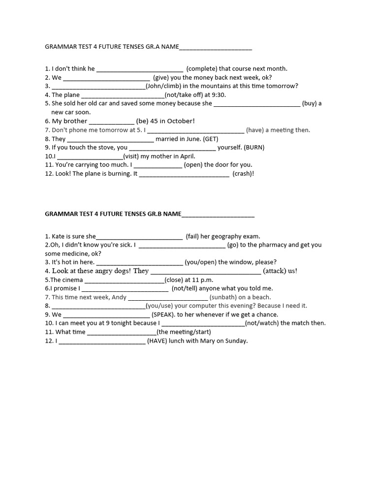 Future Tenses Grammar Test | PDF