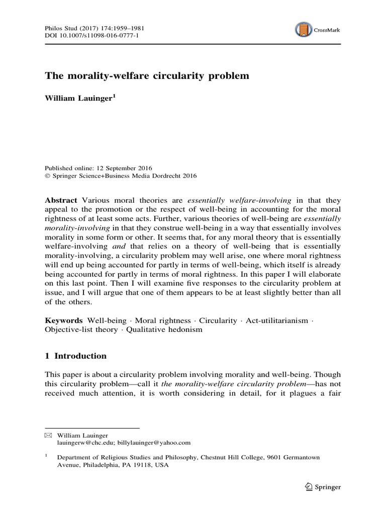 The Moralitywelfare Circularity Problemphilosophical Studies | PDF | Hedonism | Well Being