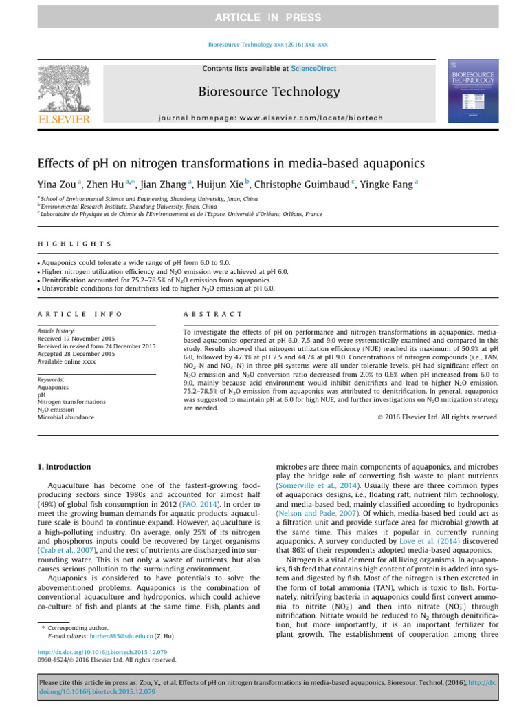 Effects of pH on nitrogen transformations in media-based aquaponics (Bioresource Technology ...