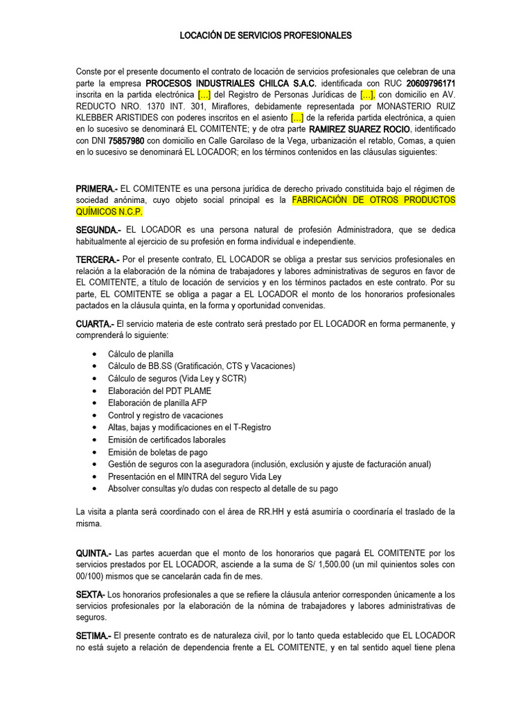 Contrato de Locación de Servicios Profesionales | PDF | Justicia ...