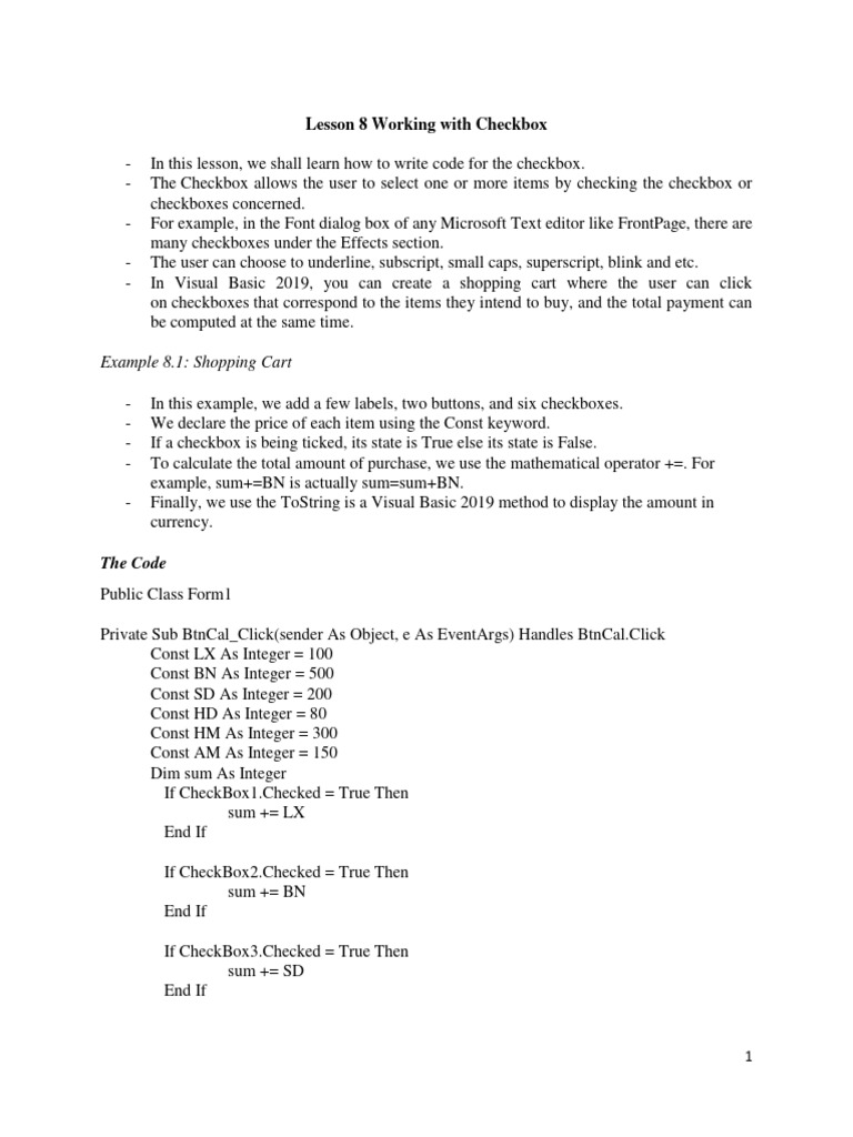 Checkbox Functionality in Visual Basic | PDF