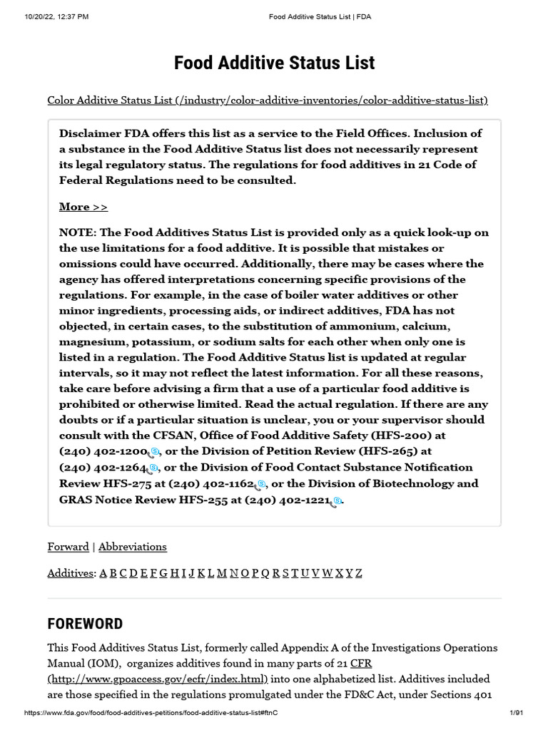 Food Additive Status List - FDA | PDF | Food And Drug Administration ...