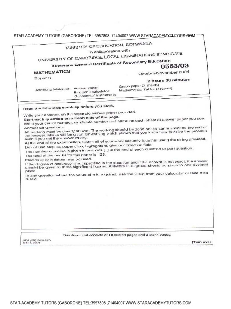 Mathematics Paper 2004 November (Bgcse) | PDF