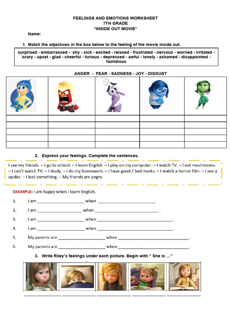 7th Grade Emotions Worksheet | PDF | Science & Mathematics