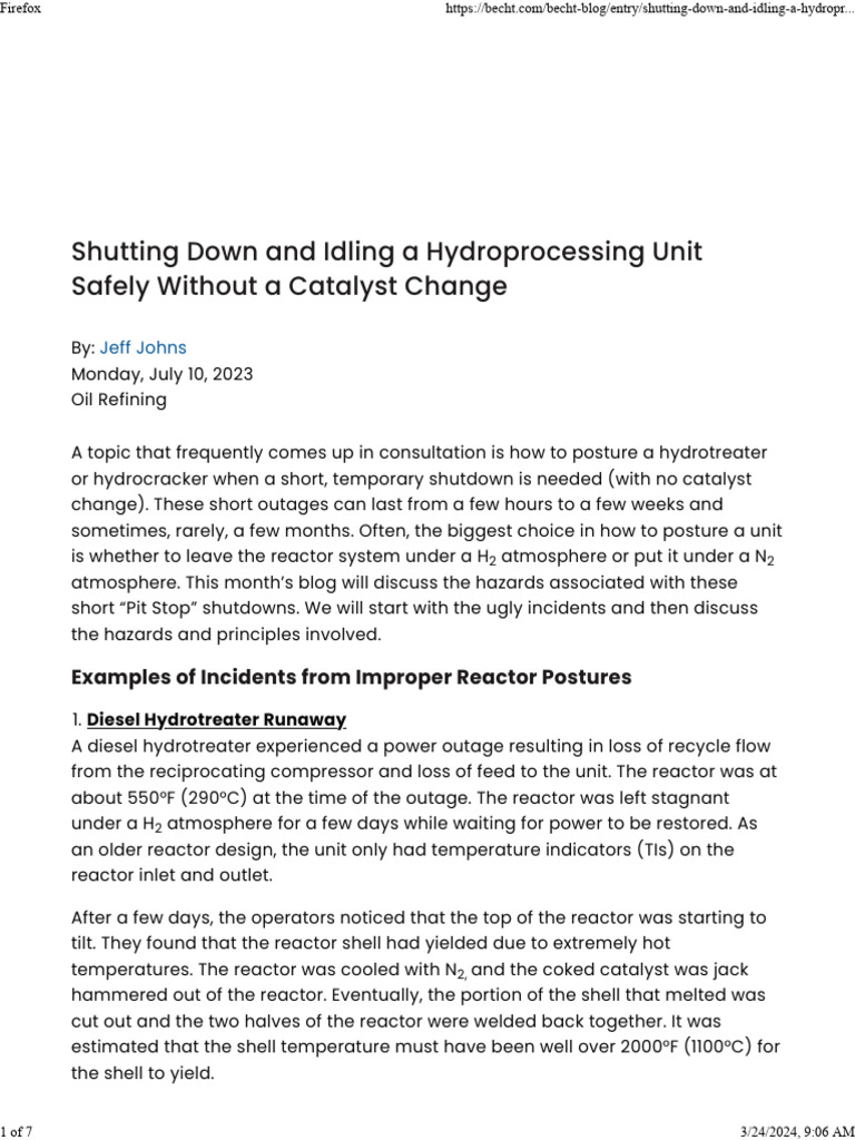Shutting Down and Idling A Hydroprocessing Unit Safely Without A ...