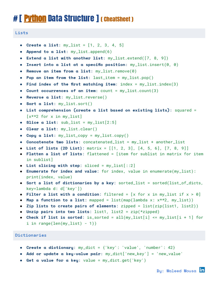Pyhton Data Structure CheatSheet | PDF