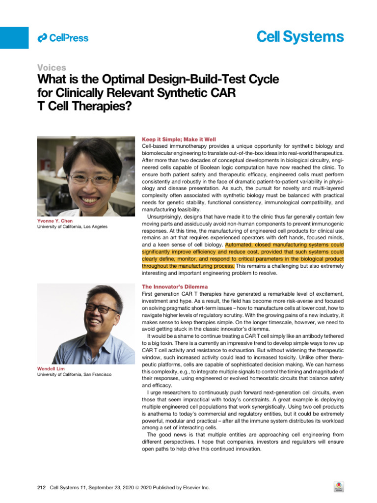 Optimal Design-Build-Test Cycle For CAR Therapies Cell Cell Systems ...
