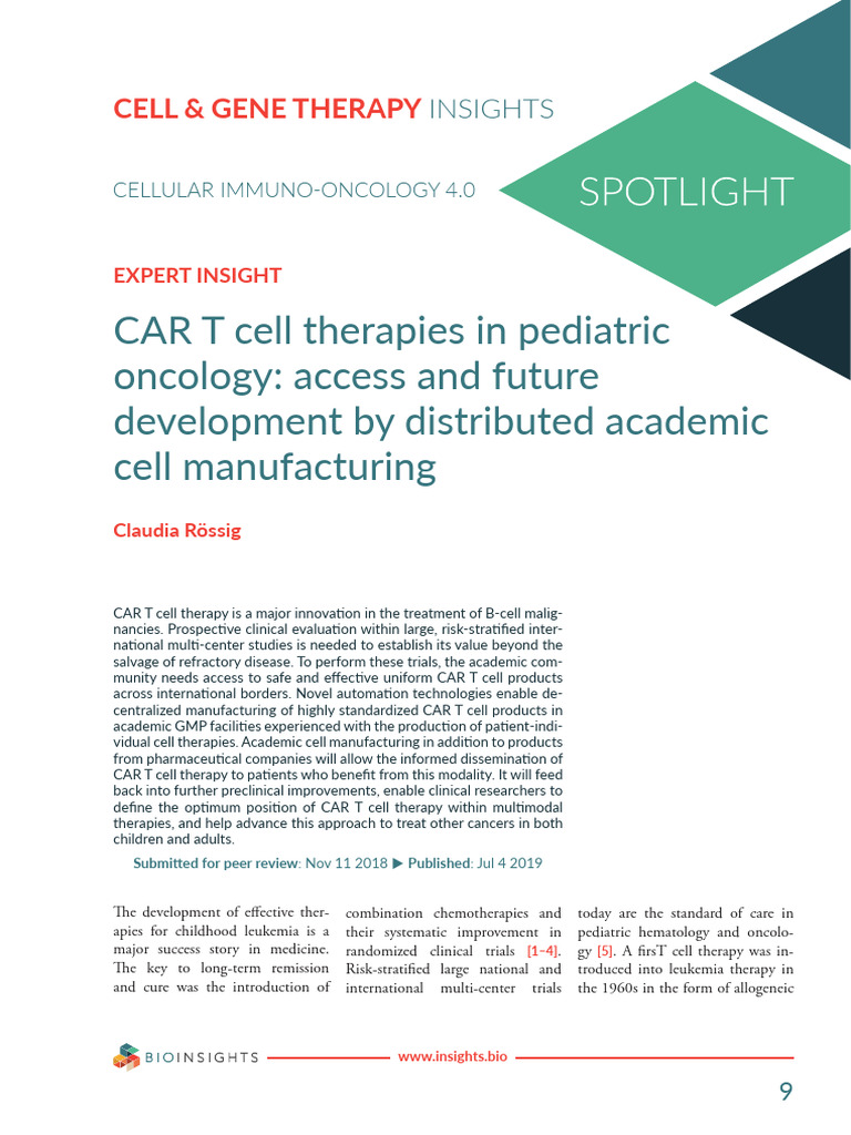 Rossig 2019 CAR T Cell Therapies in Pediatric Oncology | PDF