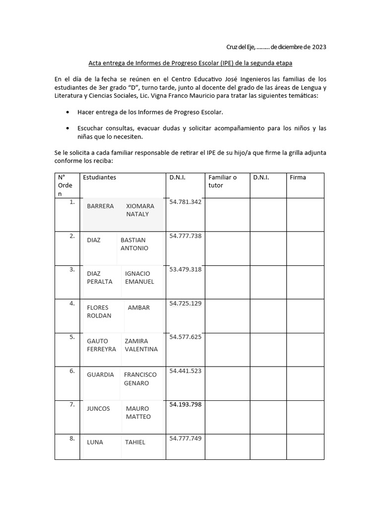 Entrega de Informes Progreso Escolar IPE Etapa 2 - 3D | PDF