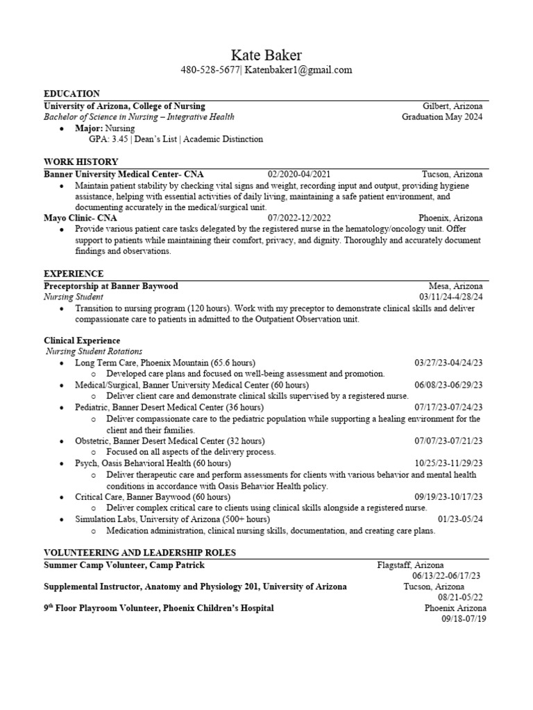 Kate Baker Resume 2024 1 | PDF | Nursing | Patient