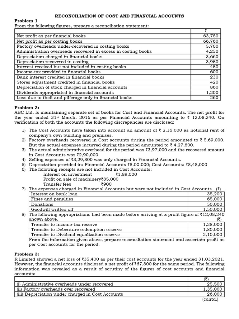 Reconciliation of Cost and Financial Accounts | PDF | Expense ...