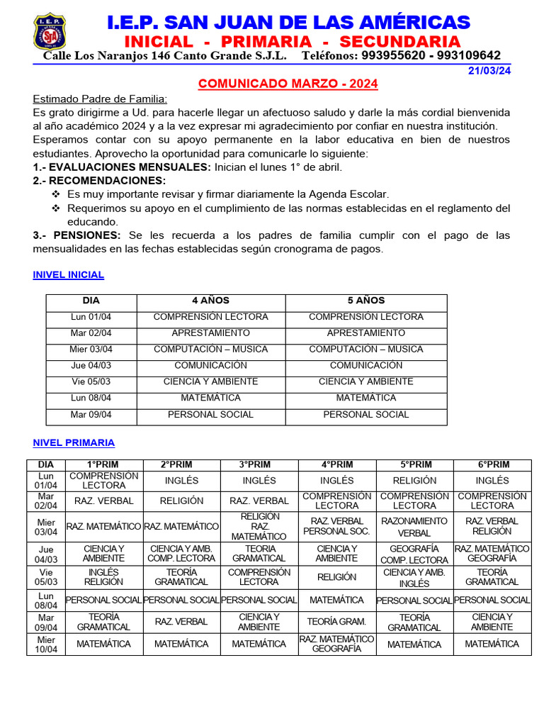 Rol de Exámenes - Marzo 2024 Sja | PDF | Matemáticas | Science