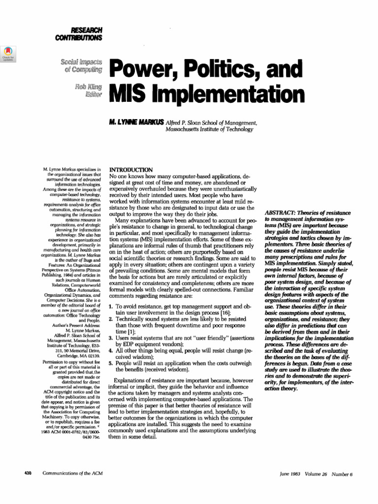 Power, Politics, and MIS Implementation | PDF