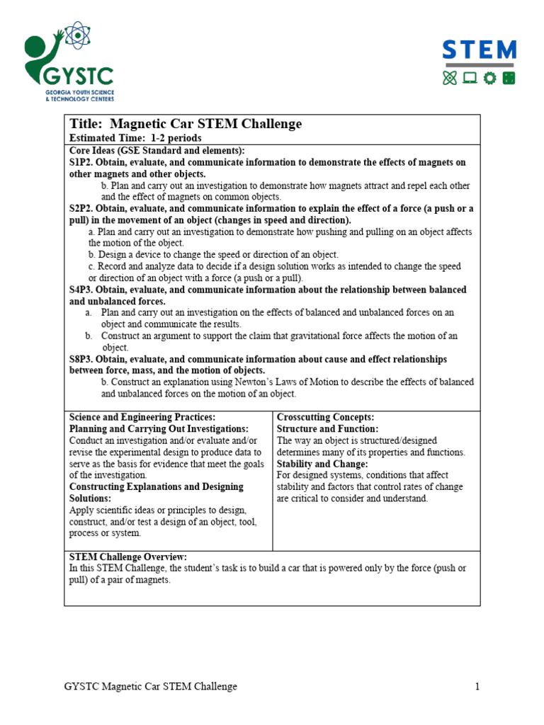 Magnetic Car STEM Challenge Lesson Plan | PDF | Force | Magnet
