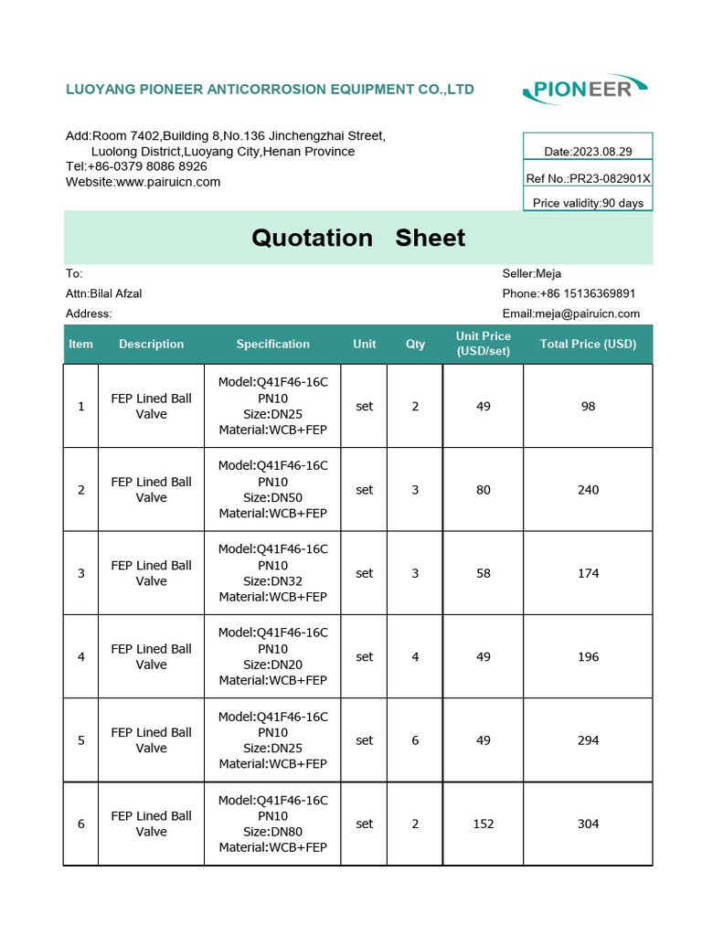 Quotation Sheet | PDF