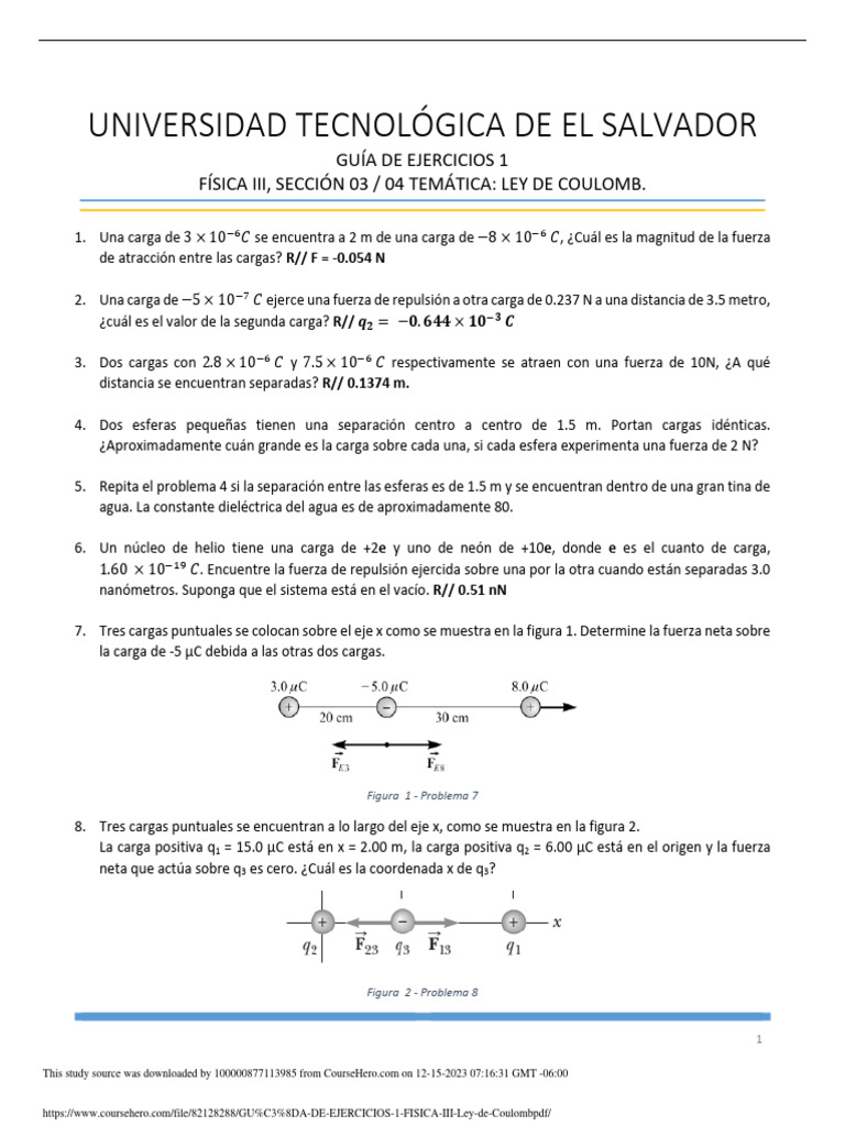GU A DE EJERCICIOS 1 FISICA III Ley de Coulomb PDF | PDF