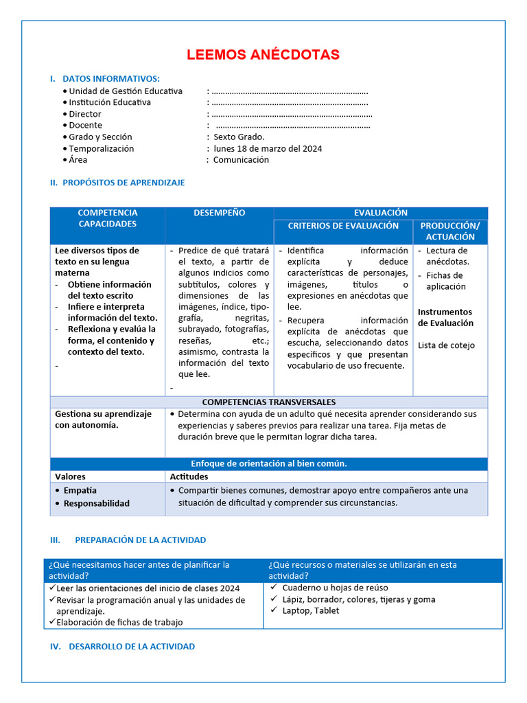 Com 6° - Sesión Leemos Anecdotas | PDF