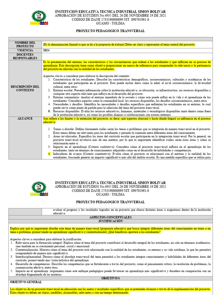 FORMATO PARA PROYECTOS PEDAGÓGICOS 2024 | PDF | Evaluación | Aprendizaje
