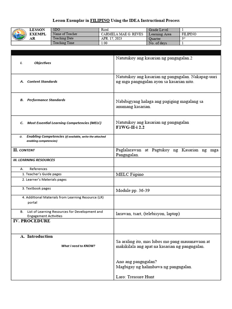 Lesson Exemplar - FILIPINO - CO2 | PDF