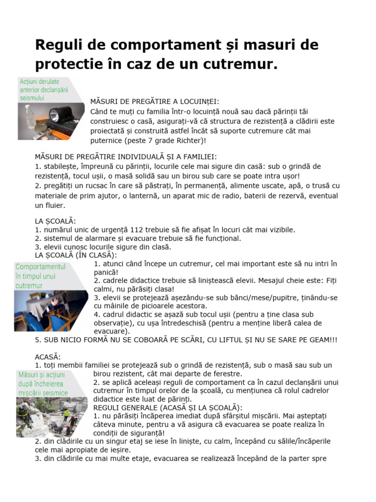 Reguli de Comportament Și Masuri de Protectie În Caz de Un Cutremur | PDF