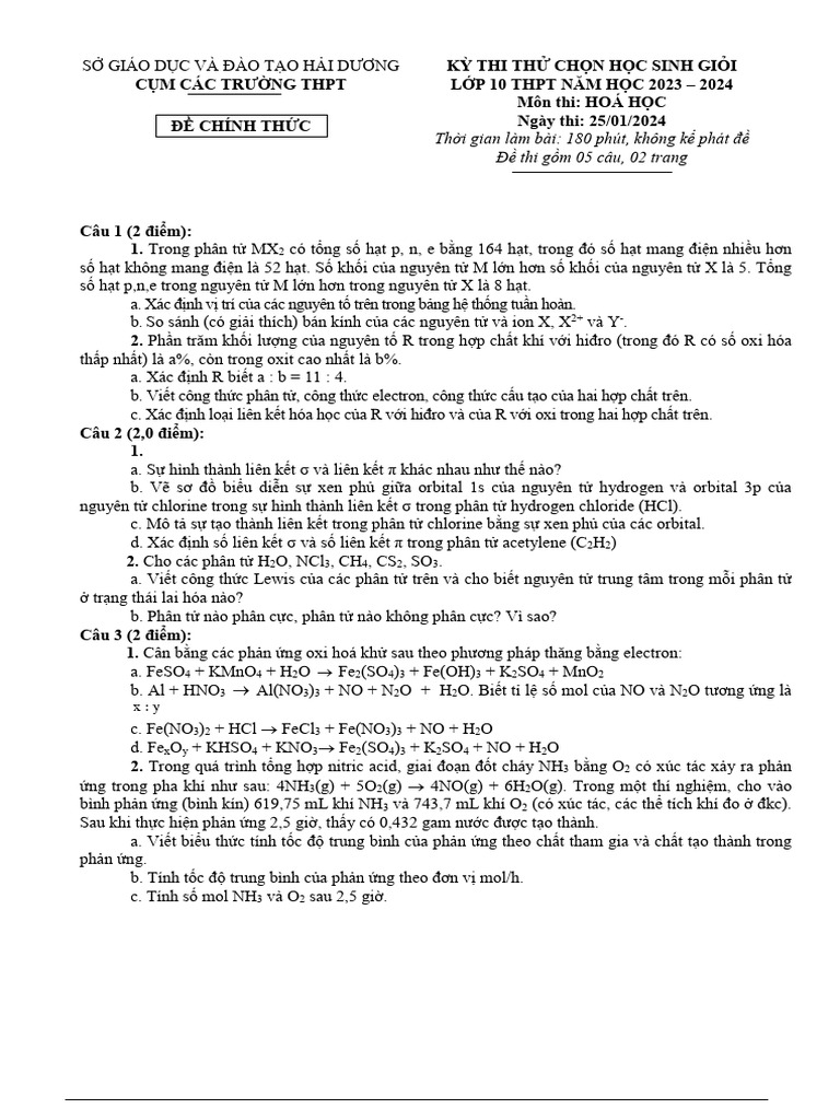 Hoa.in. ĐỀ THI HSG 10 CỤM LẦN 1 | PDF