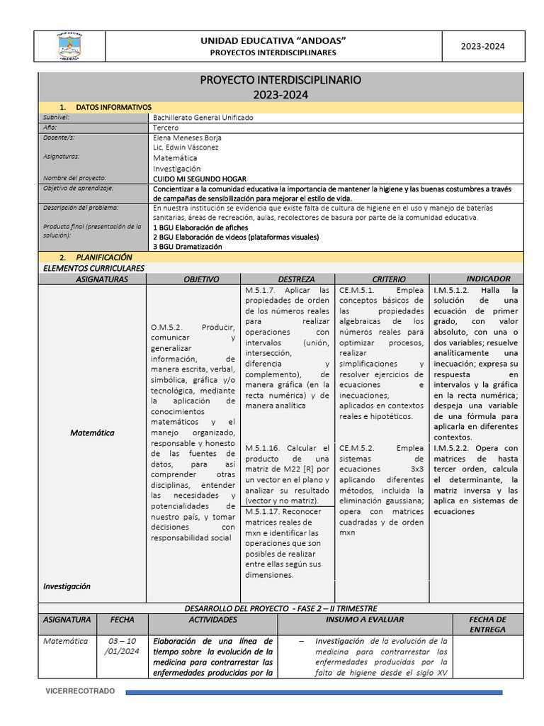 Fase 2 - Proyecto Interdisciplinario. 3ro BGU | PDF | Matriz (Matemáticas) | Ecuaciones