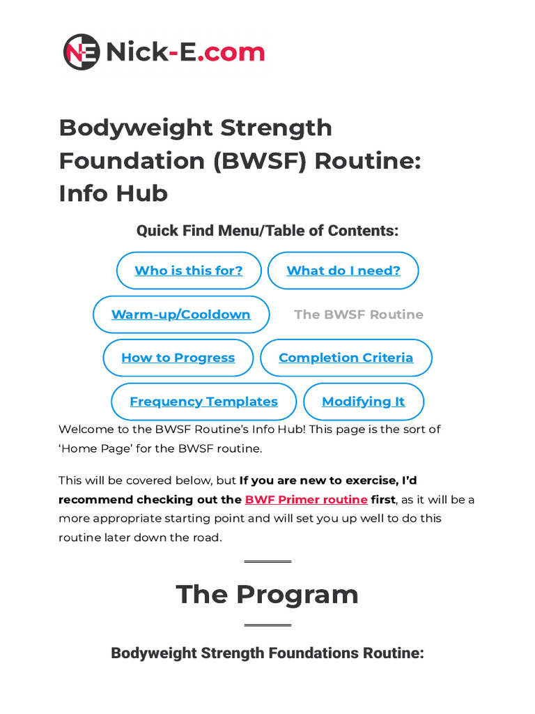 BWSF Routine – Nick-E.com | PDF | Strength Training | Physical Exercise