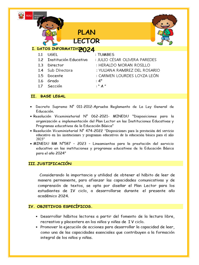 Plan Lector 2024 para 4° de Primaria | PDF | Comprensión lectora ...