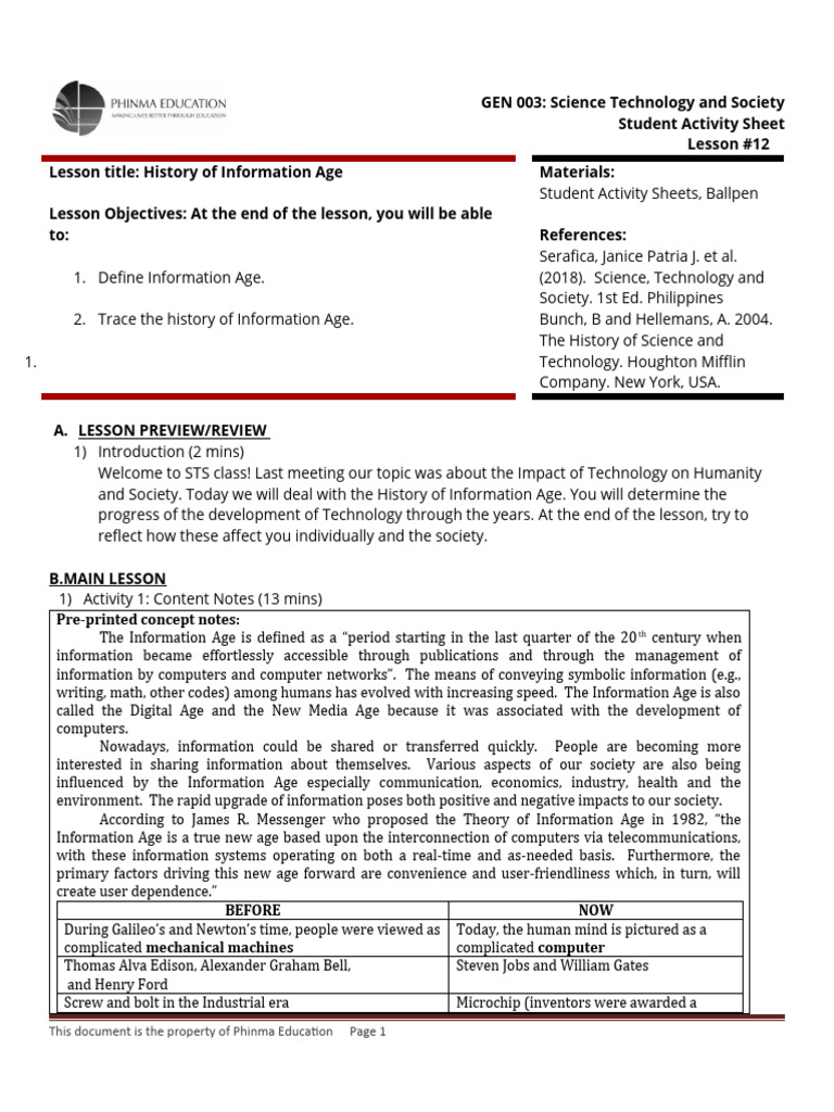 GEN 003 Lesson 12 STS SAS | PDF | Information | Society