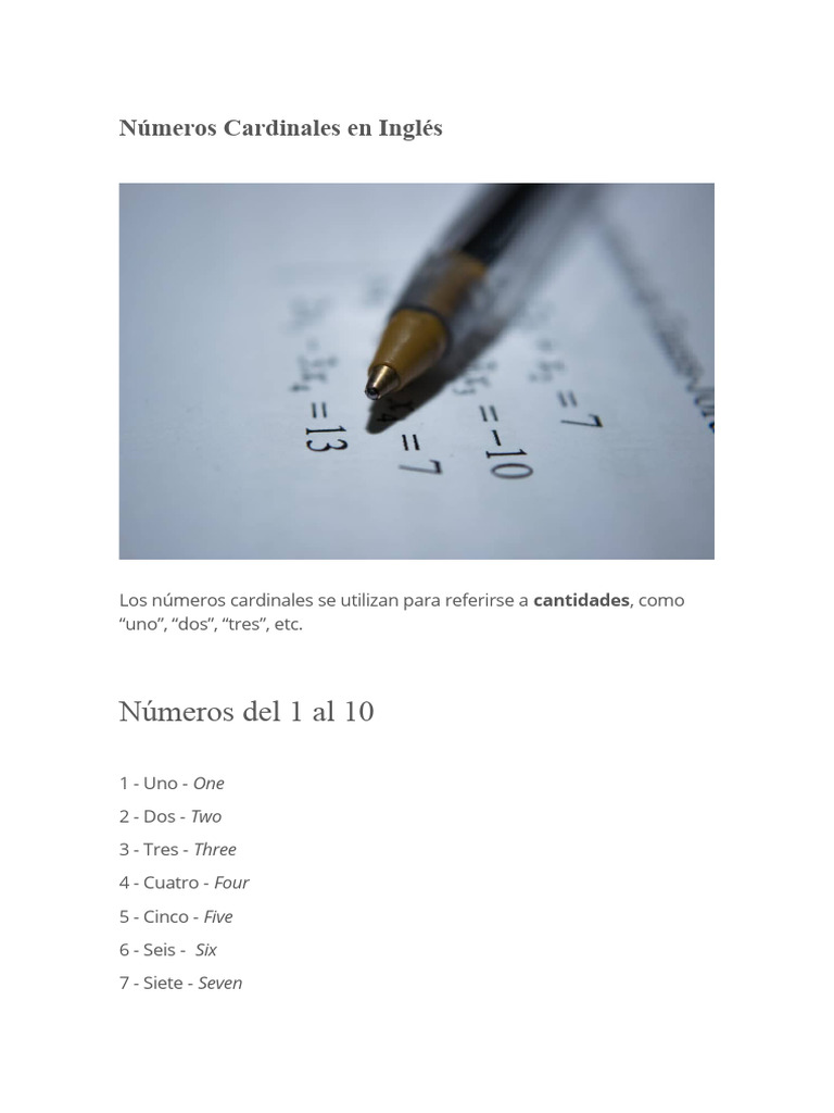 Números Cardinales y Ordinales en Inglés | PDF | Métodos y materiales ...
