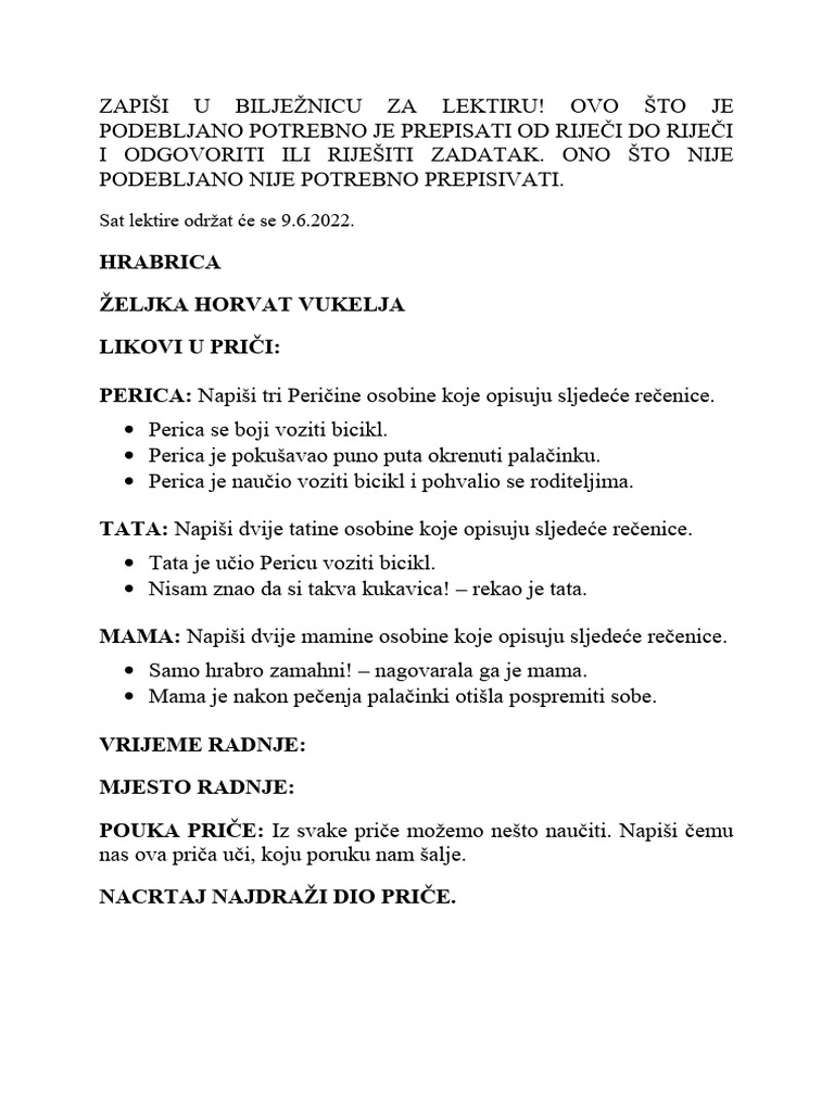 Zapiši U Bilježnicu Za Lektiru Hrabrica | PDF