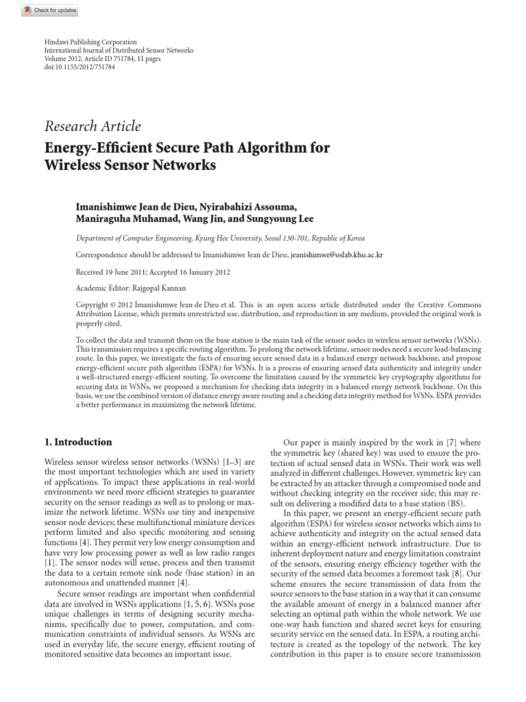 Jean De Dieu Et Al 2012 Energy Efficient Secure Path Algorithm For Wireless Sensor Networks