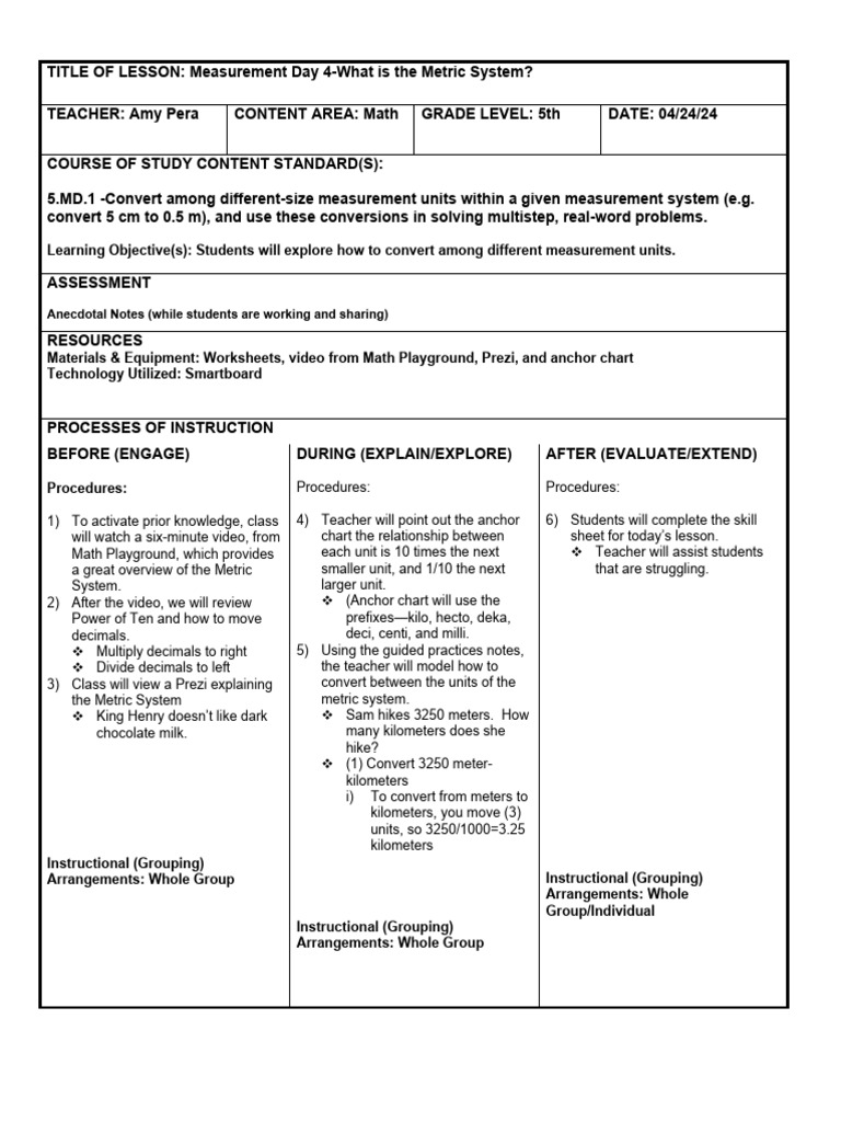 Metric System Conversion Lesson Plan | PDF | Cognition | Behavior ...