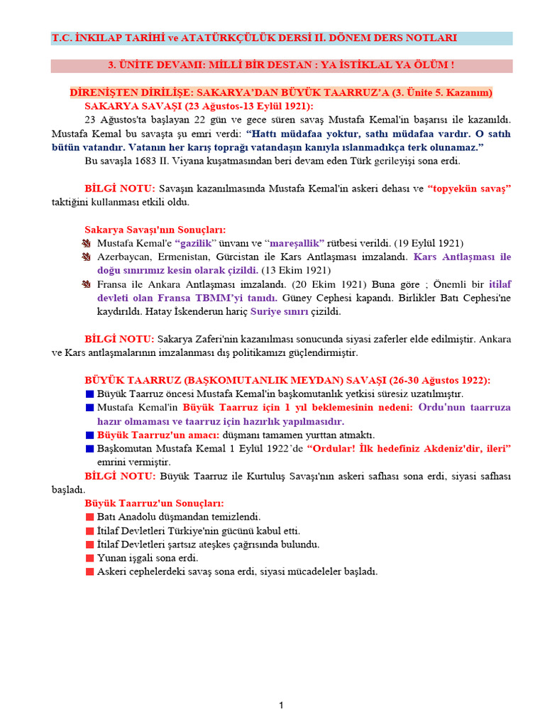 8.sinif Inkilap Tarihi 2.donem Ders Notu Ozet | PDF