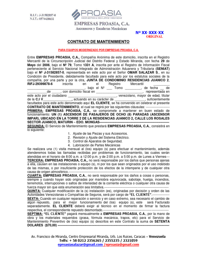 CONTRATO DE MANTENIMIENTO RES. JUANICO (MATURIN) | PDF