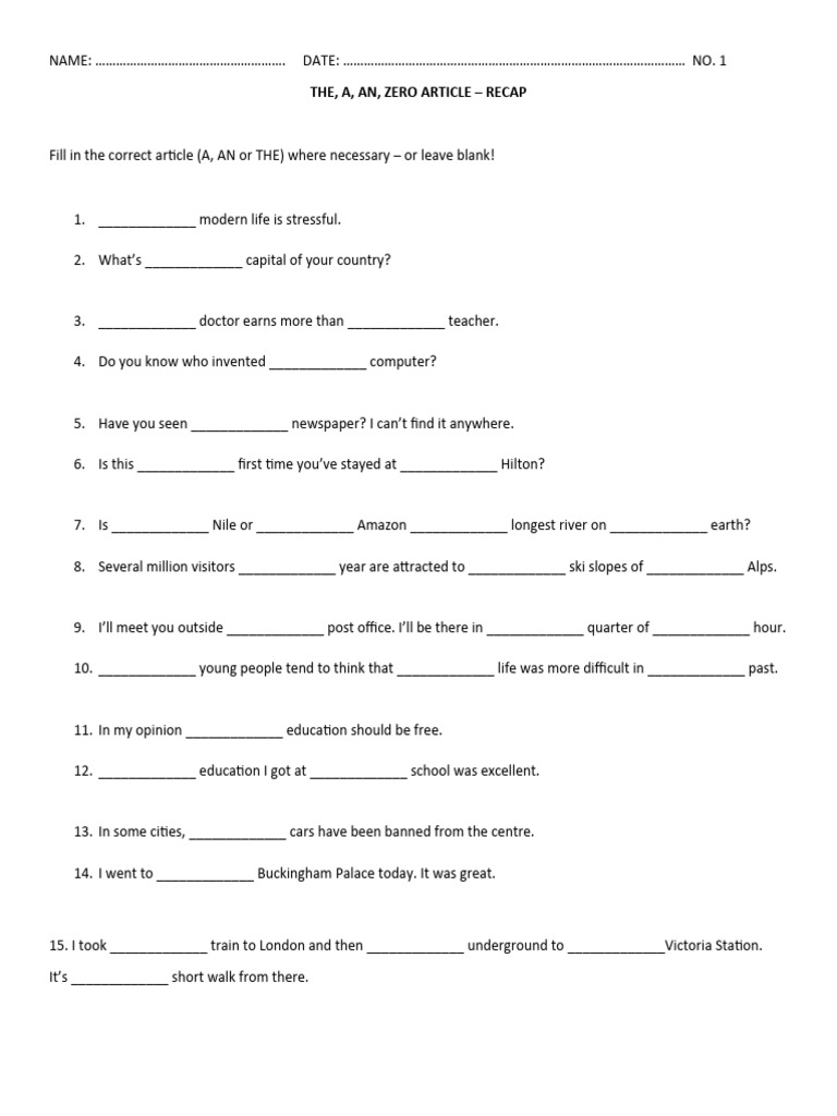 Zero Article Exercises Worksheet | PDF