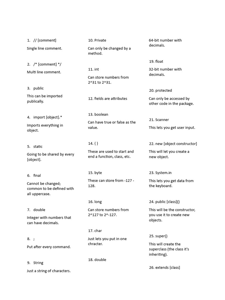 Java Quick Sheet Pdf Class Computer Programming Programming 2549