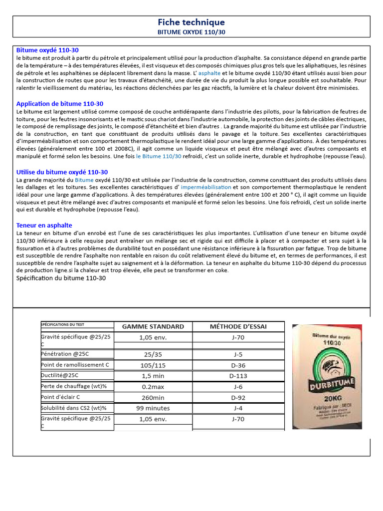 Fiche Technique Bitume Oxydé 110/30 | PDF | Substances chimiques ...