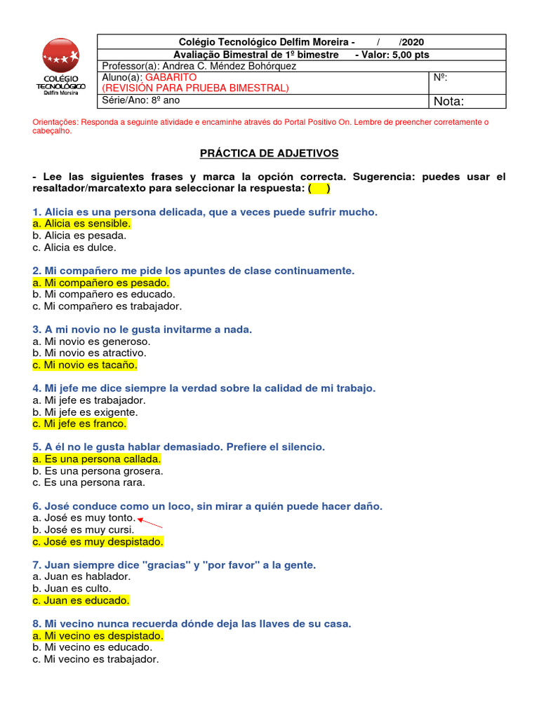 GABARITO Práctica de Adjetivos 22.04 | PDF