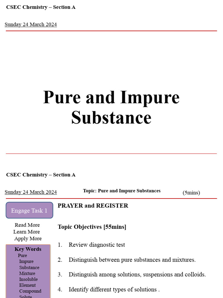 Pure and Impure Substances CSEC STUDENT | PDF | Mixture | Solubility